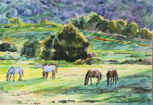 Пейзаж картина лошади поле горы