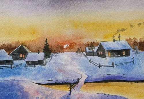 Этюд акварелью "Морозный вечер в деревне"