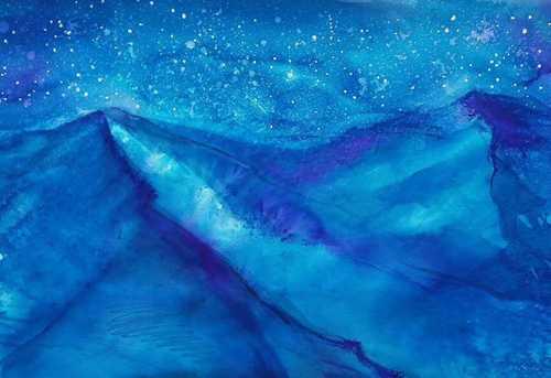 Картина Звездное небо - горный пейзаж акварелью