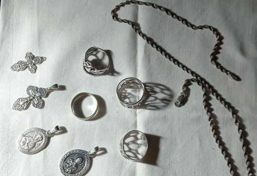 Крестики, кулоны, кольца, цепочка серебро