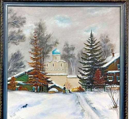 Картина маслом "Зима в деревне"