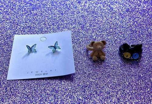 Серьги бабочки кольцо мишка кошка милые kawaii