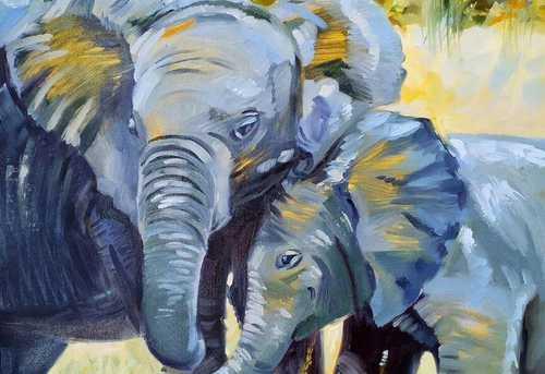 Картина маслом Слоны 40 на 40 см