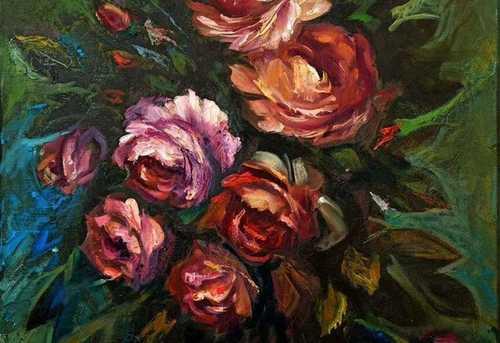 Картина масло холст «Букет Разноцветных Роз»