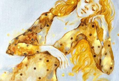 Картина маслом девушка золото безмятежность сон