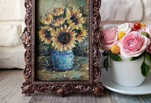 Картина маслом Натюрморт, цветы подсолнуха в раме