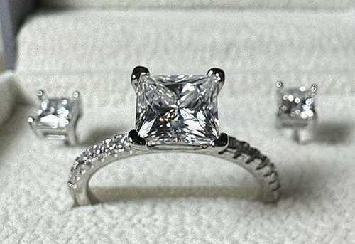 Кольцо и серьги с бриллиантами огранка "Принцесса"