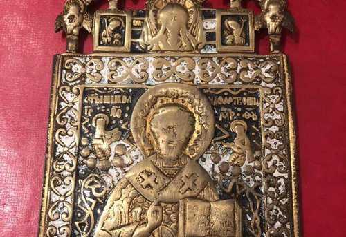 Старинная латунная икона Николай Чудотворец