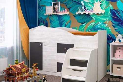 Кровать детская Стрелка с лесенкой, ящиками и шкаф