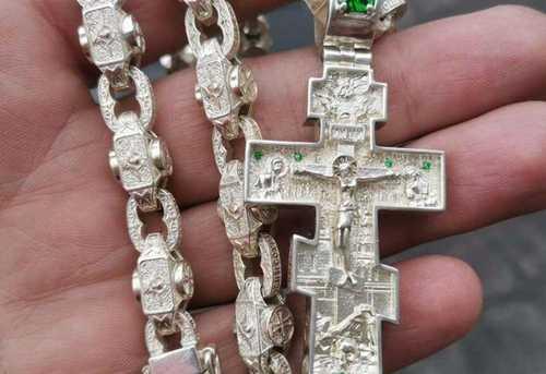 Цепь Святые и крест с изумрудами, серебро 925