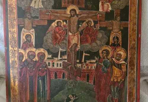 Старинная Икона. Распятие Христа на Голгофе