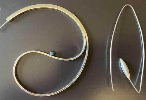 Серебро серьги дизайнерские крупные кольца длинные