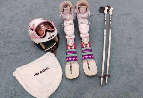 Горные лыжи детские 90,ботинки, шлем,очки, палки
