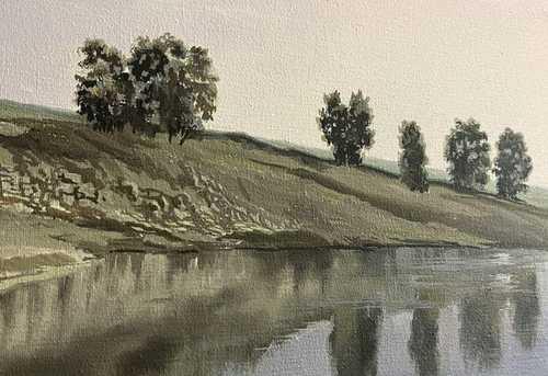 Картина маслом на холсте, Пейзаж, река, лес
