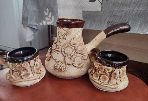 Турка глиняная с чашками