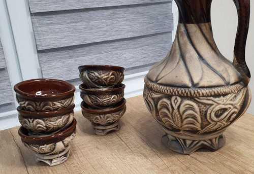 Глиняный кувшин и 6 чашек