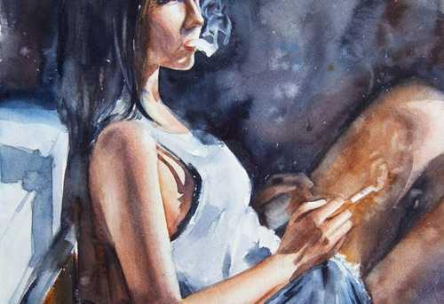 Картина акварелью Девушка с сигаретой