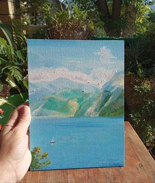 Картина маслом пейзаж,море,берег,парусник,18/24