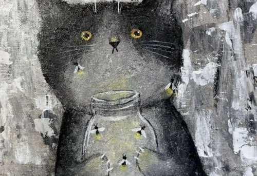 Картина на холсте кот и светлячки