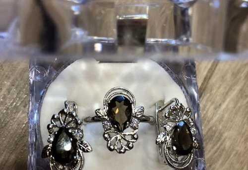 Серьги и кольцо серебро с раухтопазом