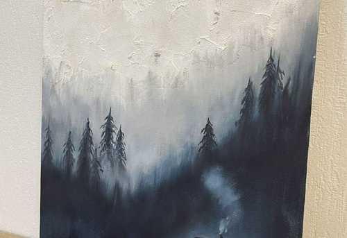 Картина маслом на холсте "Ночной лес"