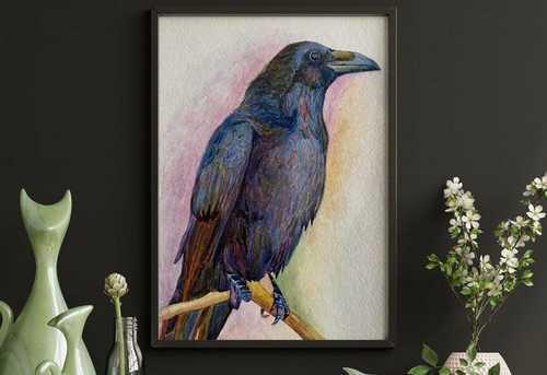 Картина черный ворон акварелью 20x30 см
