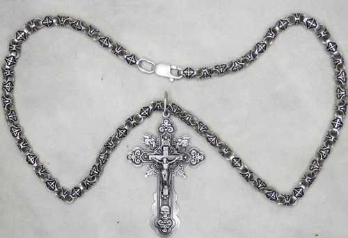 Серебряная цепь с крестом 51гр/53см.Плетение Краб