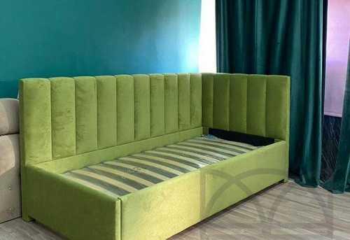 Зеленая угловая детская кровать, односпальная