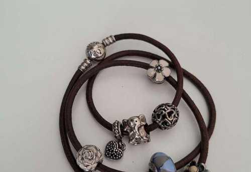 Пандора Pandora кожаный браслет и шармы