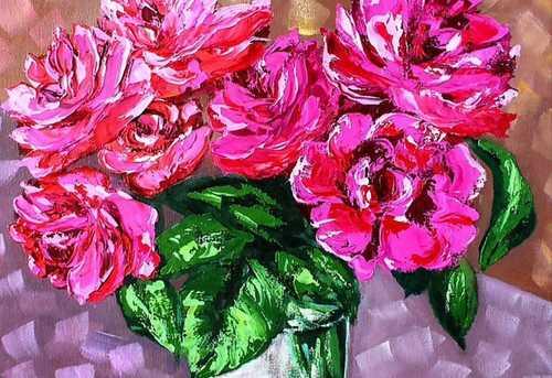 Картина маслом садовые розы. Цветы мастихином