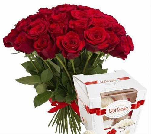 Букет из 25 красных роз + Raffaello 60см, цветы до