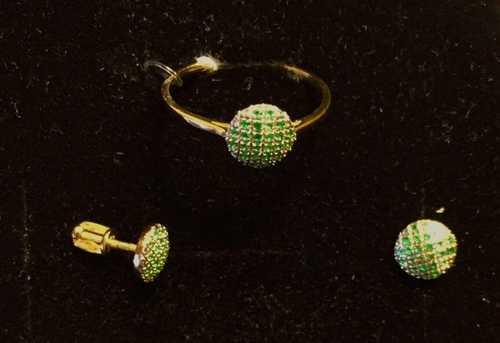 Золотые серьги пусеты и кольцо 585 пр.с изумрудами