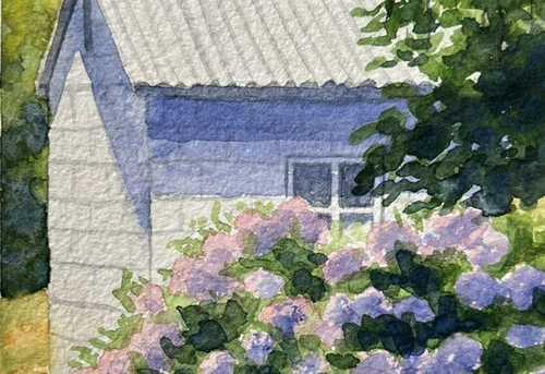Картина акварель пейзаж домик гортензии