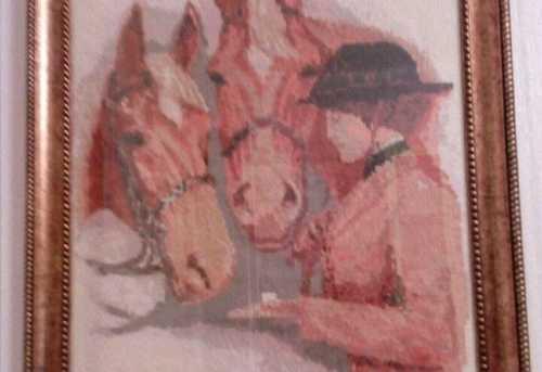 Картина вышитая крестом, жокей и лошади