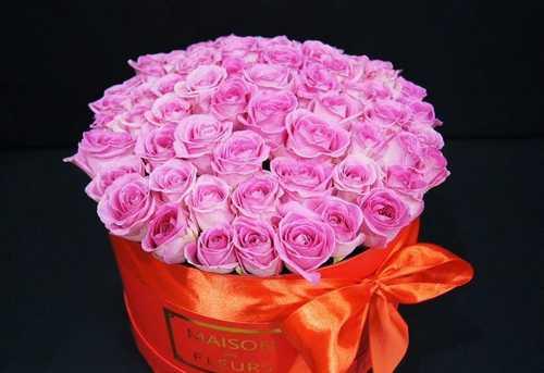 51 роза розовая в коробке, цветы с доставкой розы
