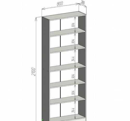 Стеллаж книжный 2100х800х280 мм, 5 полок, Белый