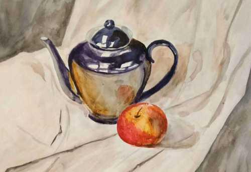 Картина акварелью "Чайник и яблоко"