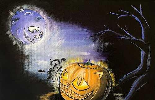 Картина Хеллоуин Гуашью 19х27см Тыква и Луна
