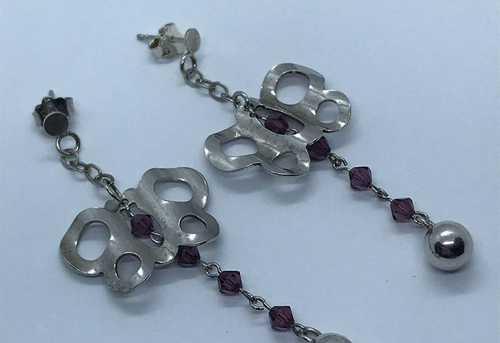 Серьги Серебро 925 бабочки аметист длинные Европа