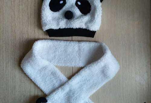 Комплект шапка, шарф панда белые детские