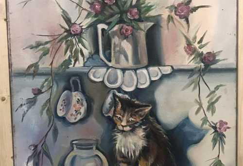 Картина с котенком и цветами