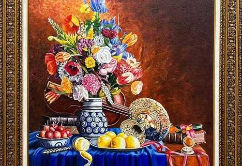 Картина маслом "Натюрморт с цветами и фруктами"