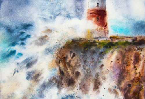 Картина акварелью маяк "Волна"