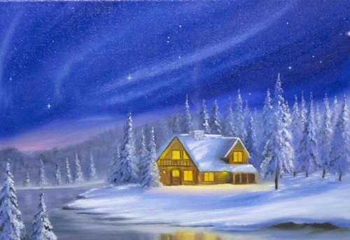 Авторская картина "Зимняя ночь. Север", 30х40 см
