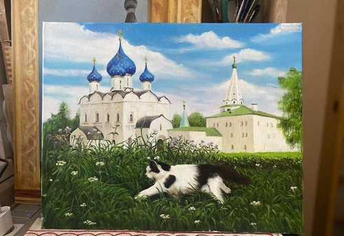 Картина маслом "Суздальский кот" кот в траве