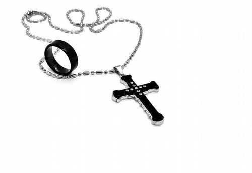 Мужской крест 9 камней на цепи "перлина" и кольцо