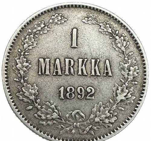 Монета 1 марка 1892 г., Финляндия, Серебро 0.868