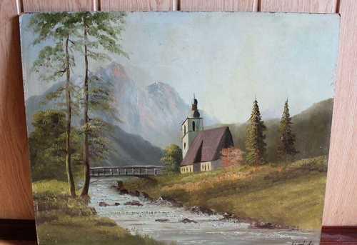 Картина. Горный пейзаж с церковью и рекой. Европа