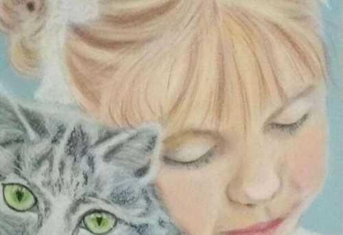 Картина Девочка и кот (сухая пастель)