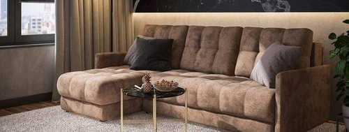 Угловой диван с узкими подлокотниками коричневый